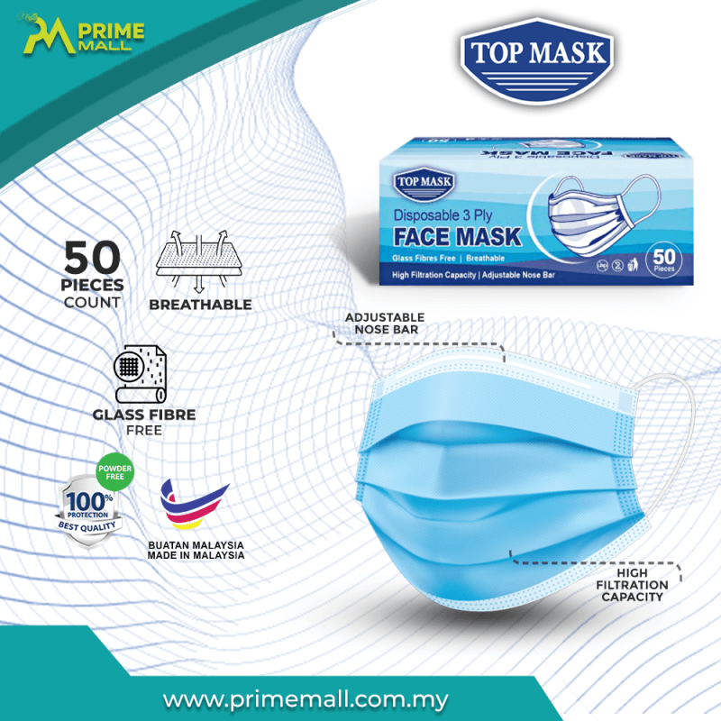 Top Mask Disposable 3 Ply Face Mask By Top Glove 50 Pcs